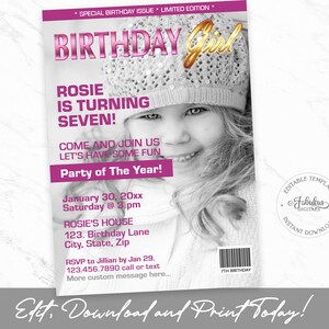 Birthday Girl Magazine Cover Card, Purple Birthday Invitation ...