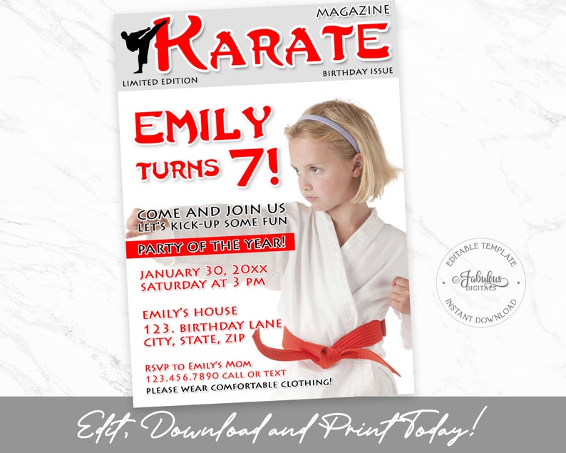 Karate Birthday Invitation Girl Magazine Cover Style Card - Etsy