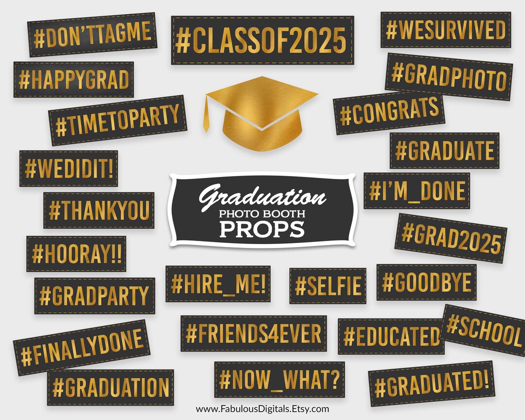 Graduation Hashtag 2025 Photo Booth Props, Class of 2025, Black & Gold ...