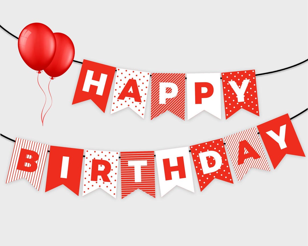 Red Happy Birthday Printable Banner - Red-white Patterned Party Banner ...