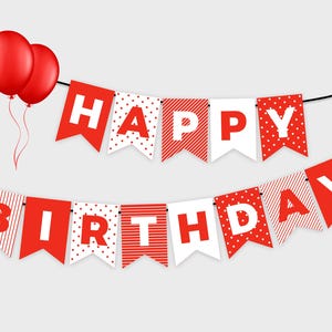 Red Happy Birthday Printable Banner - Red-white Patterned Party Banner ...