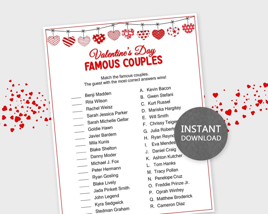 Famous Couples Match-up Game, Valentine's Day Match-up Game - Printable ...