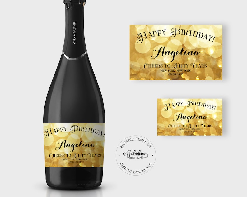 Happy Birthday Champagne Labels, Customizable - Sparkle Gold Bokeh ...