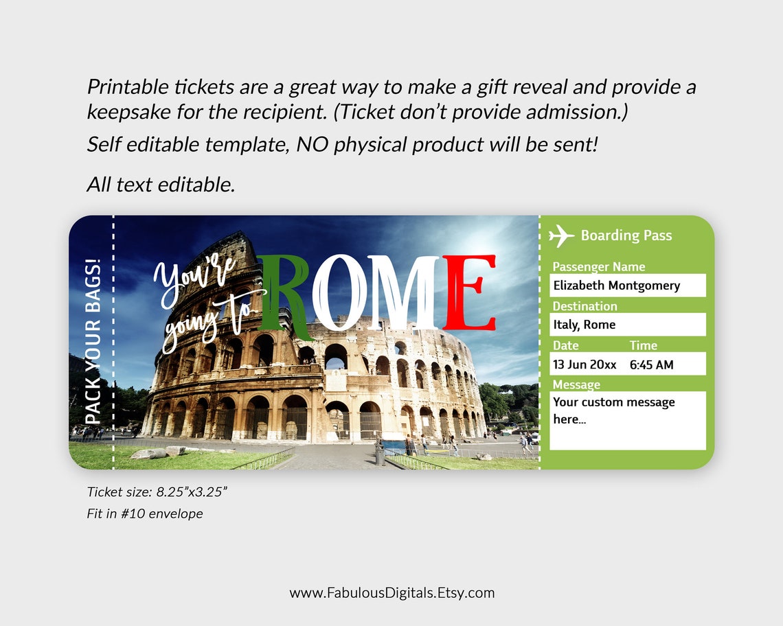 Rome Travel Ticket Rome Gift Ticket Custom Airplane Ticket - Etsy