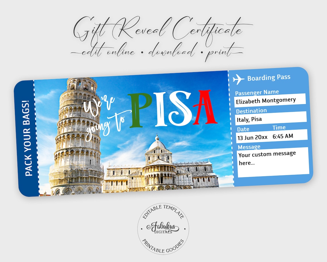 Pisa Travel Ticket Italy Gift Ticket Custom Airplane Ticket - Etsy