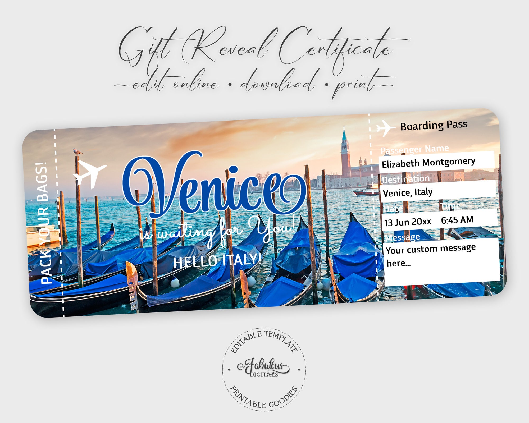 Venice Travel Ticket Venice Gift Ticket Custom Airplane - Etsy