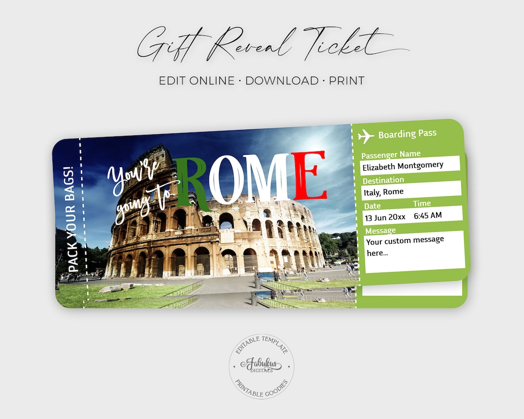 Rome Travel Ticket, Rome Colosseum Gift Ticket, Custom Plane Ticket ...