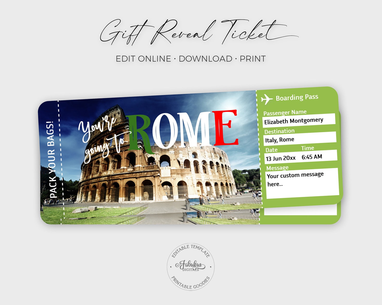 Rome Travel Ticket, Rome Colosseum Gift Ticket, Custom Plane Ticket ...