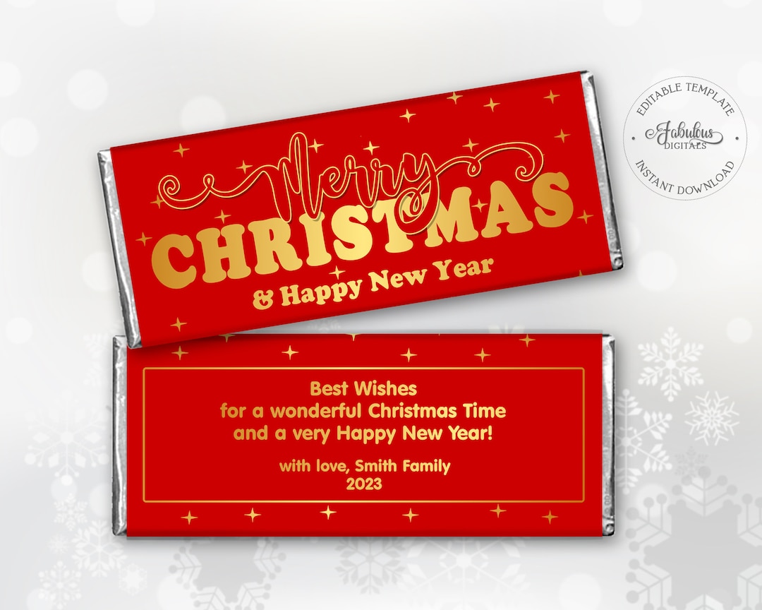 Merry Christmas Chocolate Wrapper, Red & Gold Candy Label, Christmas ...
