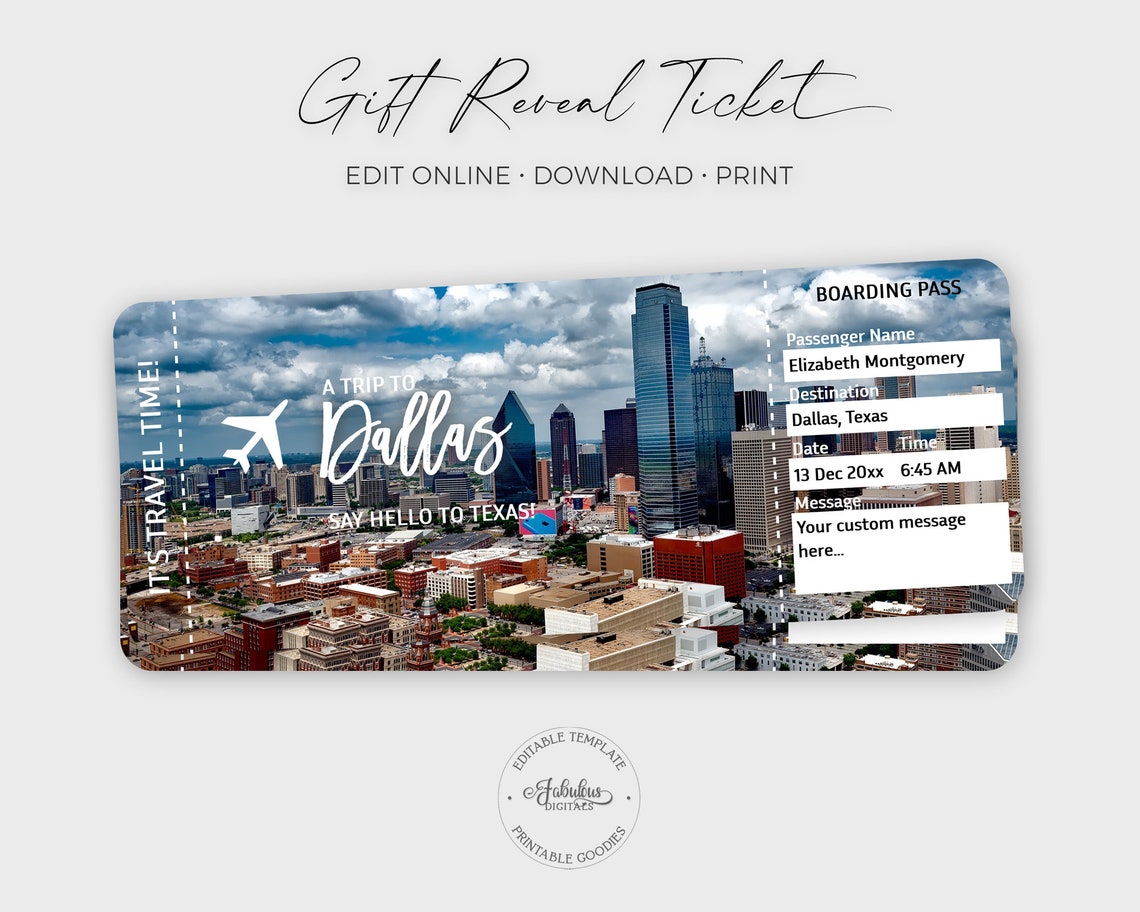 Dallas Travel Ticket, Dallas Gift Ticket, Custom Airplane Ticket ...