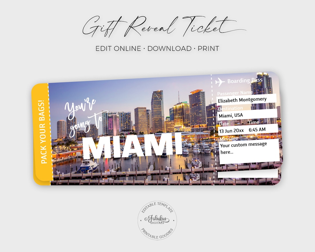 Miami Port Travel Ticket, Miami Gift Ticket, Custom Airplane Ticket ...