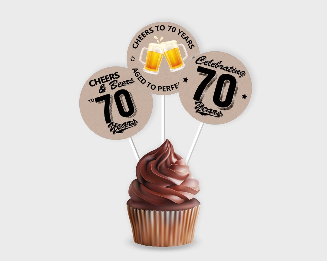 70th Birthday Cupcake Toppers / Party Circle, Cheers & Beers 70th ...