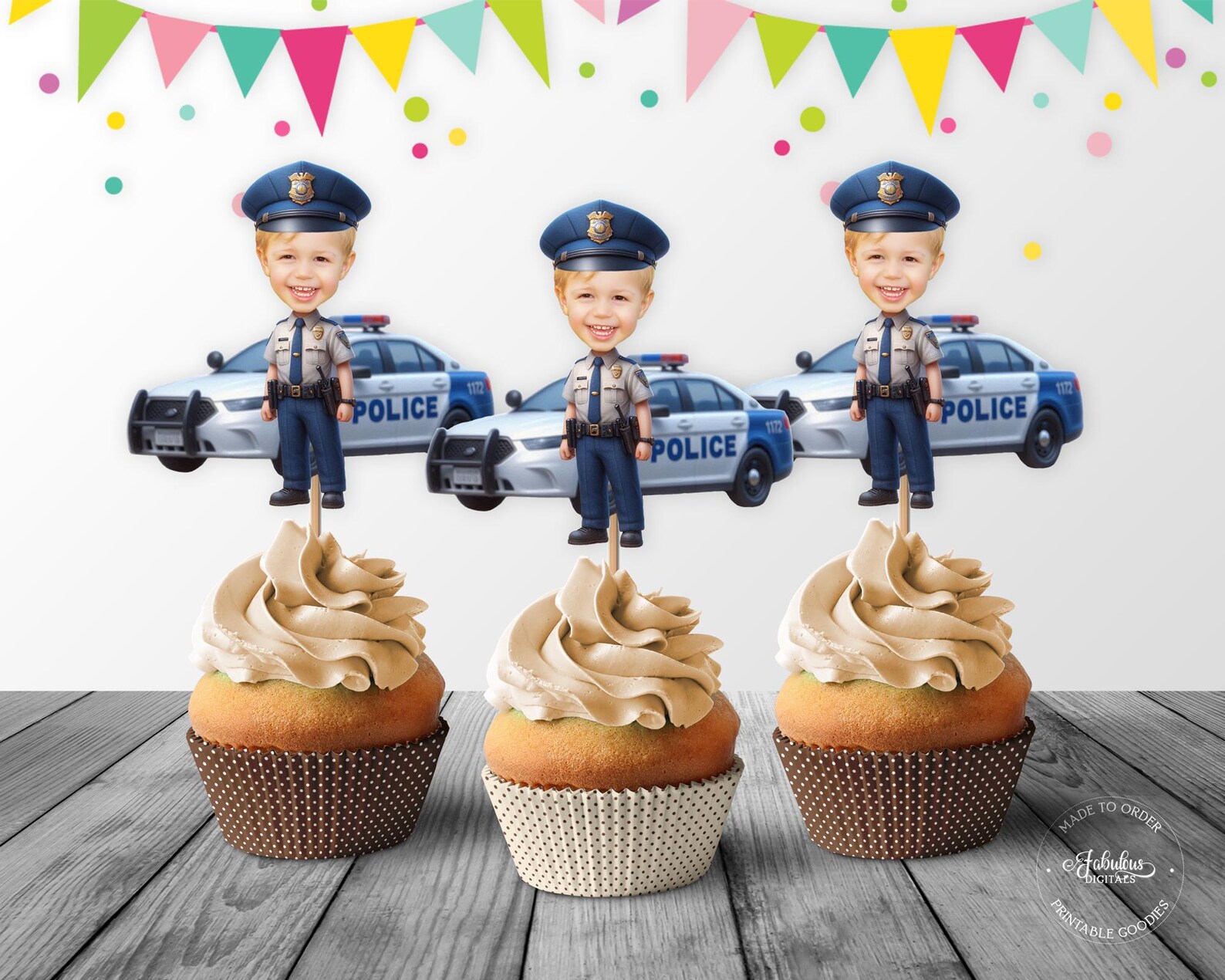 Police Officer Car Cupcake Topper, Custom Photo Face Cupcake Toppers ...