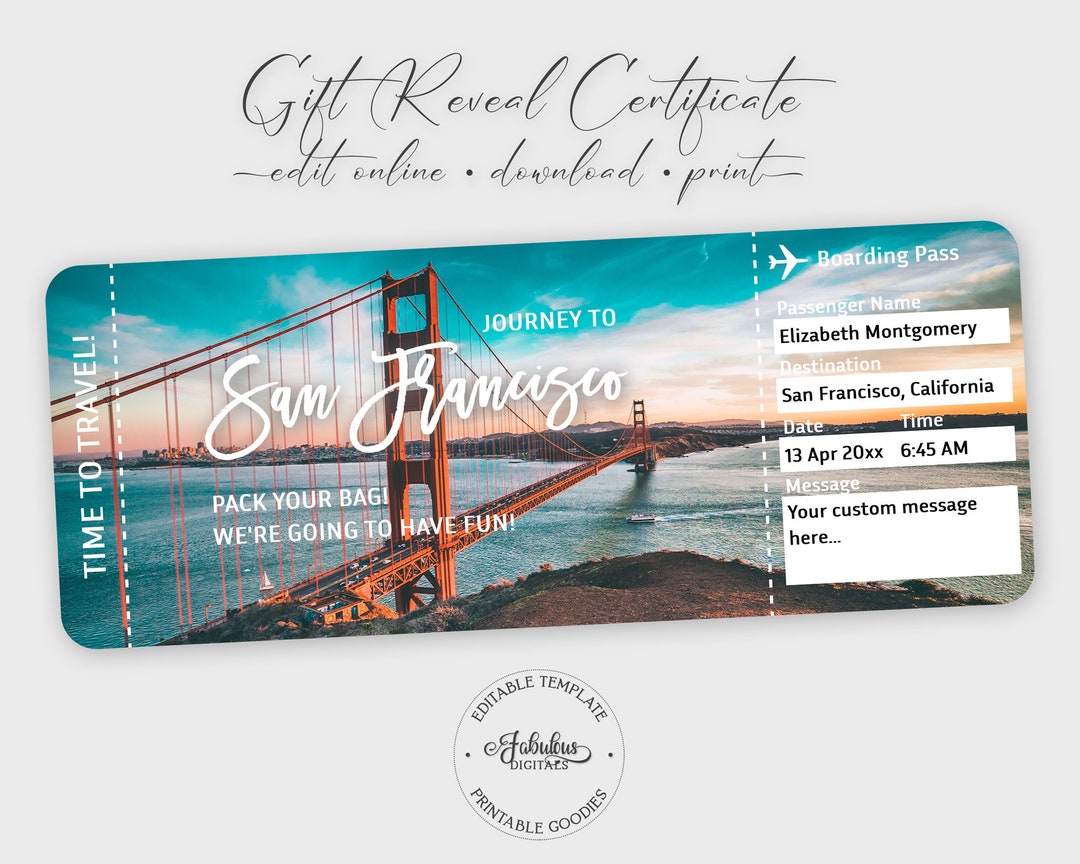 San Francisco Travel Ticket Custom Airplane Ticket San - Etsy