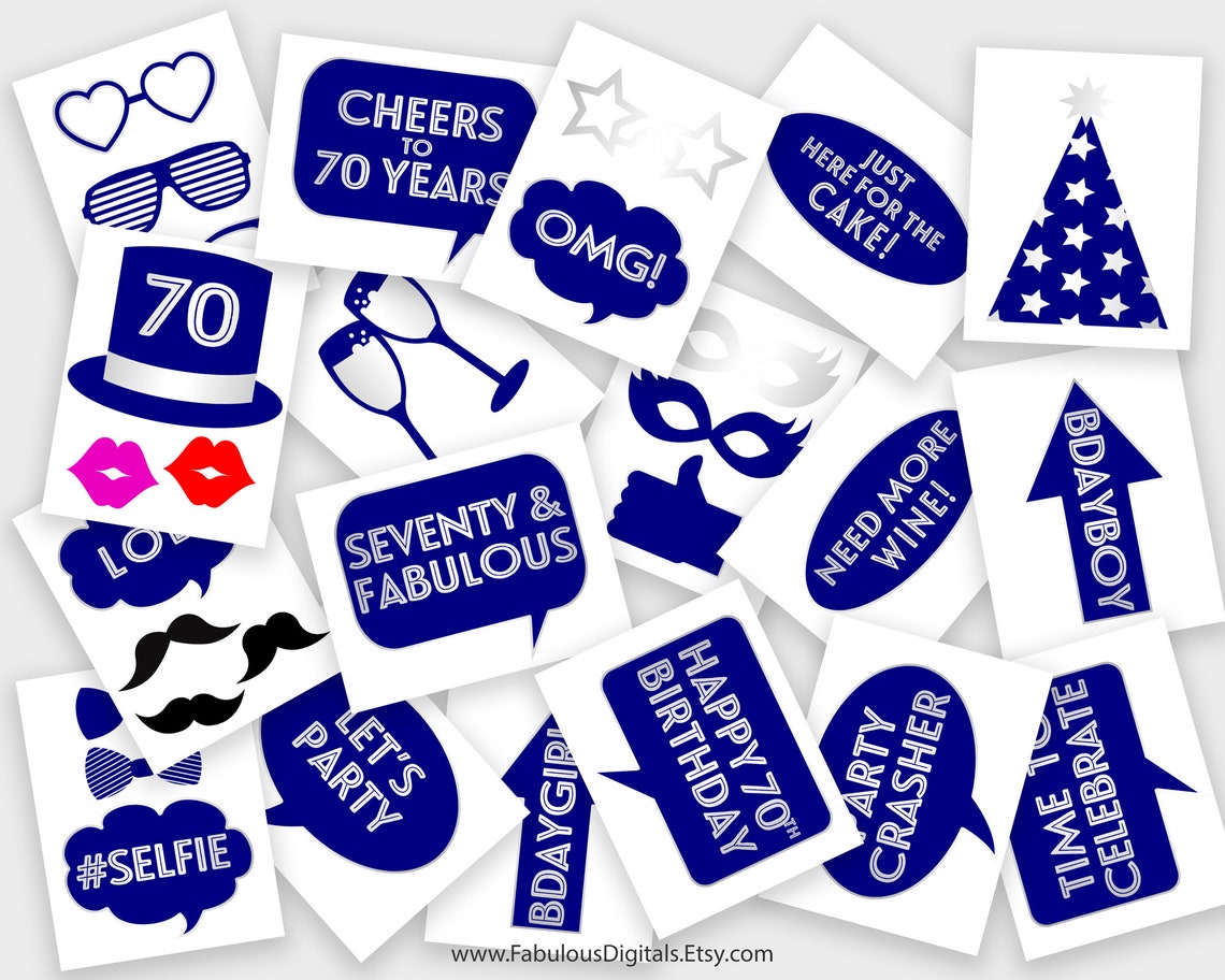 70th Birthday Photo Booth Props, Navy & Silver / Photo Booth Party ...