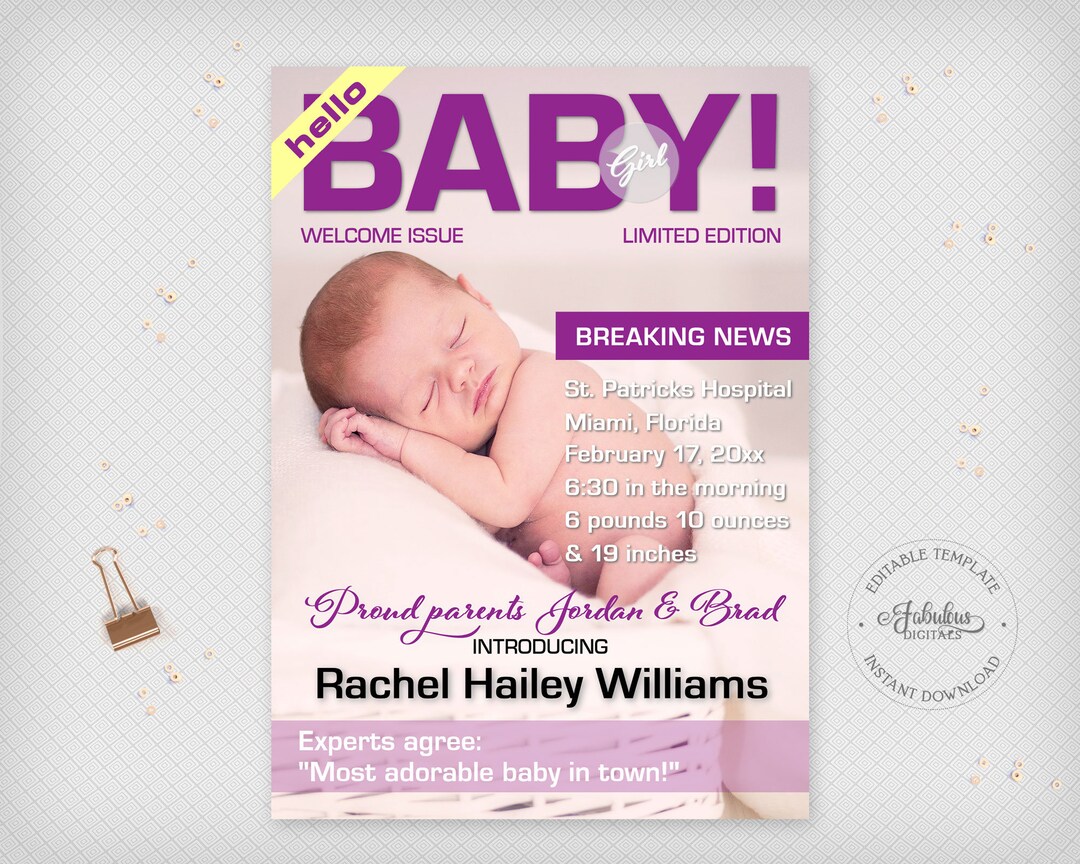 Baby Girl Birth Announcement Magazine Cover Card, Printable Purple ...