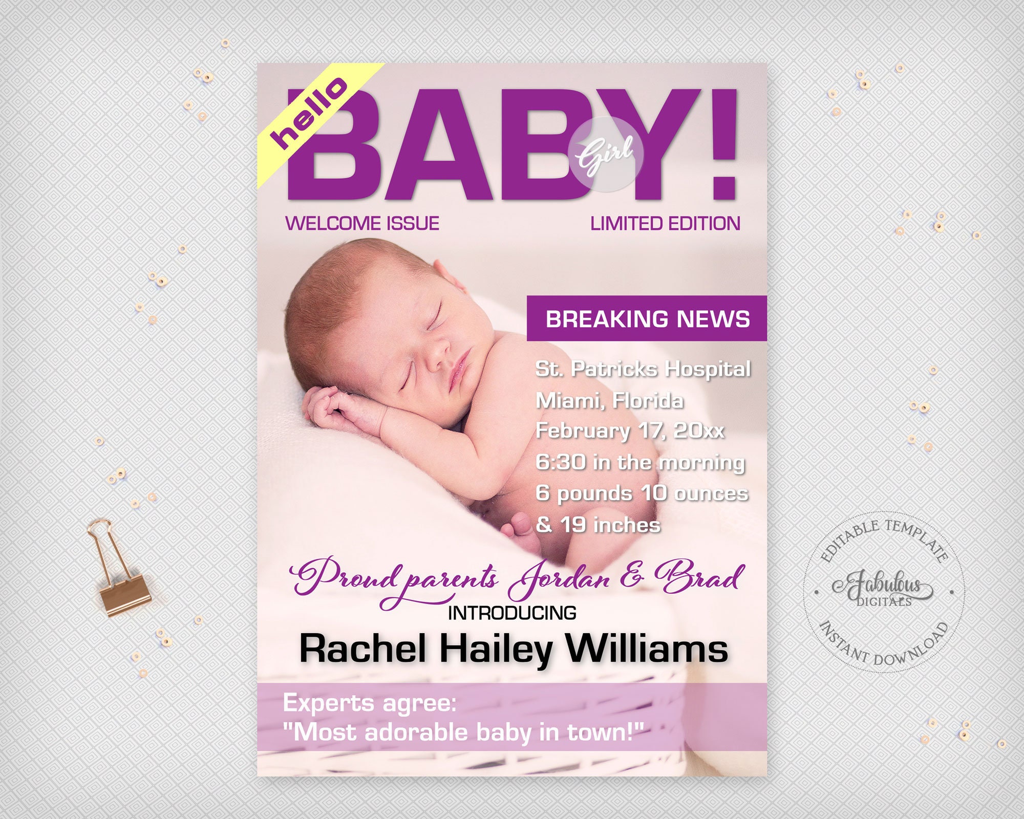 Baby Girl Birth Announcement Magazine Cover Card, Printable Purple ...