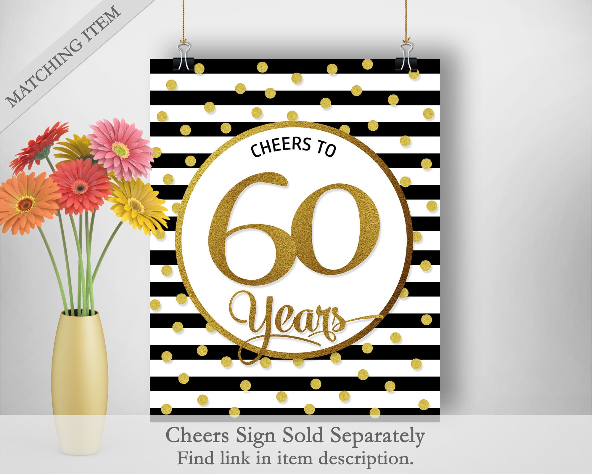 Cheers To 60 Years Party Sign Black-White & Gold Printable | Etsy