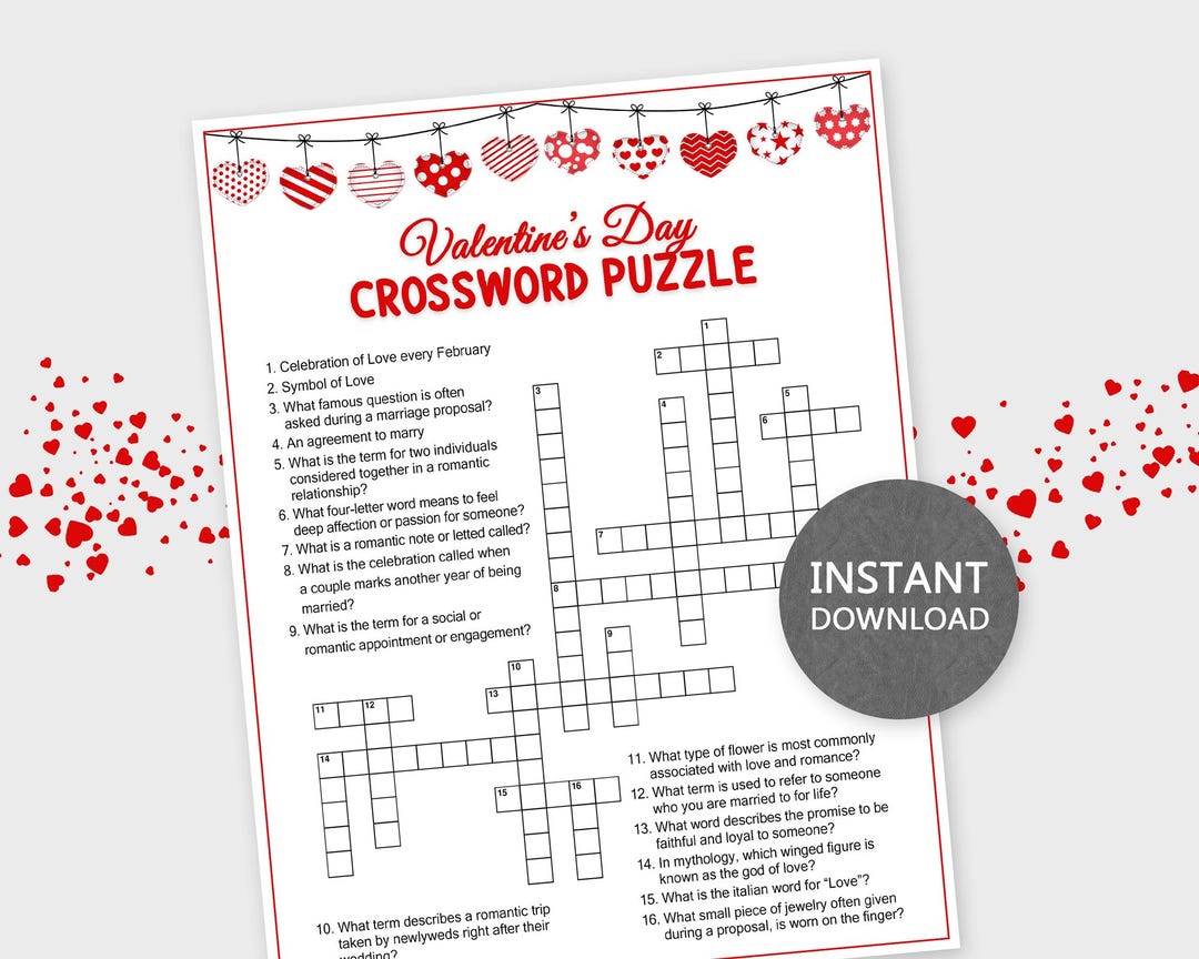 Valentine's Day Crossword Puzzle Game, Valentine's Day Words Game ...
