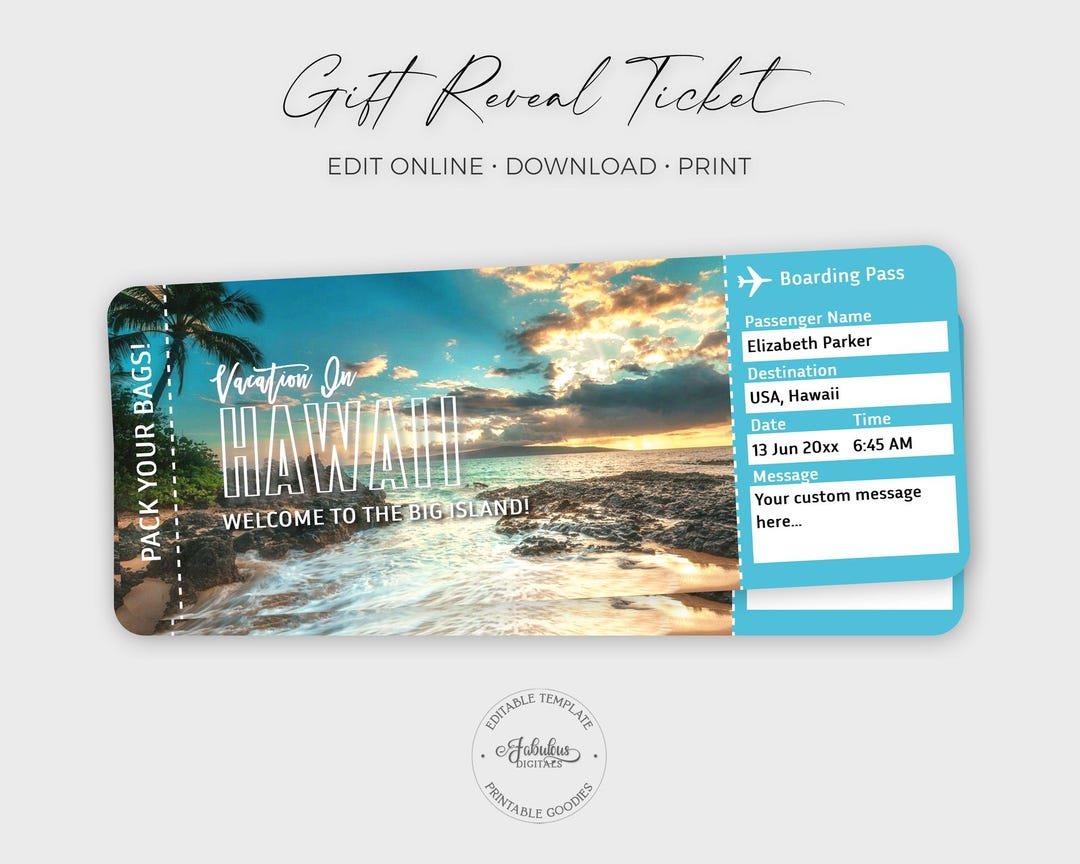 Hawaii Vacation Ticket, Custom Airplane Ticket, Hawaii Boarding Pass ...