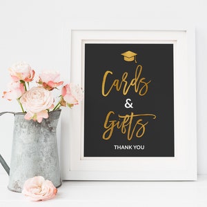 Graduation Cards and Gifts Sign, Black & Gold Foil - Printable Party ...
