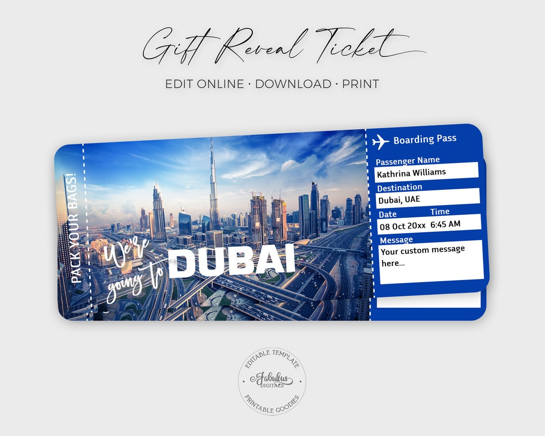 Dubai Travel Ticket, Dubai Airplane Gift Ticket - Blue Cityscape, Dubai Boarding Pass / DIY ...