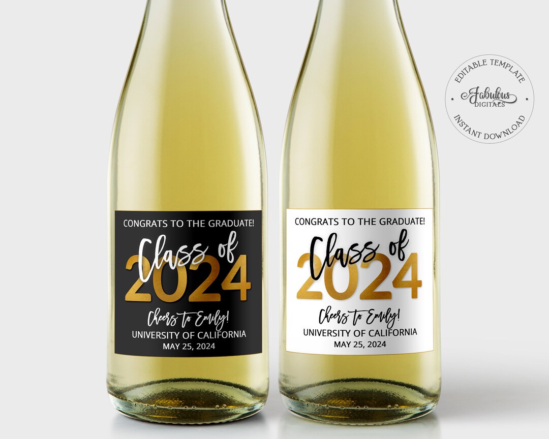 Graduation Champagne Bottle Labels, Class of 2024, Black-white & Gold ...