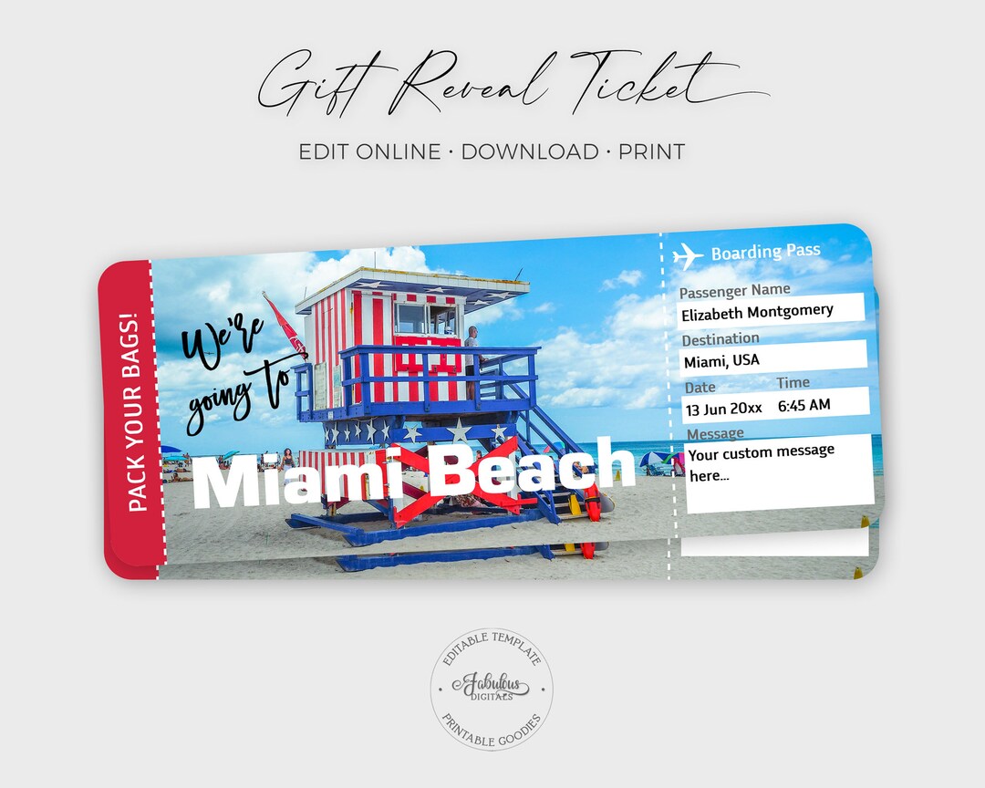 Miami Beach Travel Ticket, Miami Gift Ticket, Custom Airplane Ticket ...