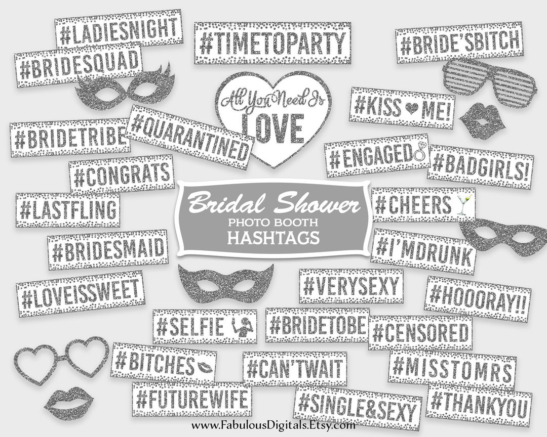 Silver Glitter Photo Booth Hashtag Signs, Bridal Photo Booth Props, DIY ...