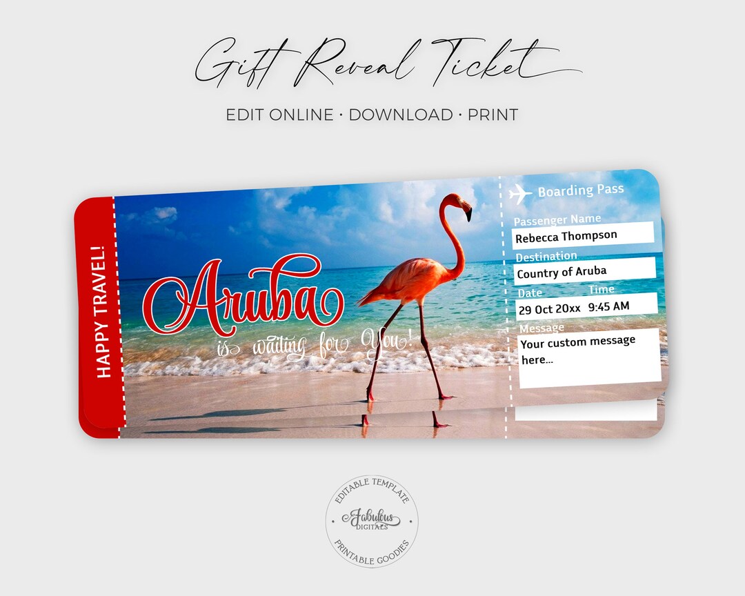 Aruba Travel Ticket, Aruba Gift Ticket, Airplane Ticket Blue, Aruba ...
