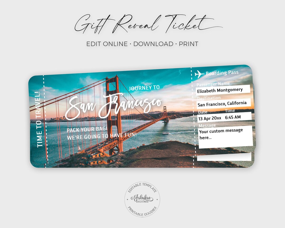San Francisco Travel Ticket, Custom Airplane Ticket, San Francisco ...