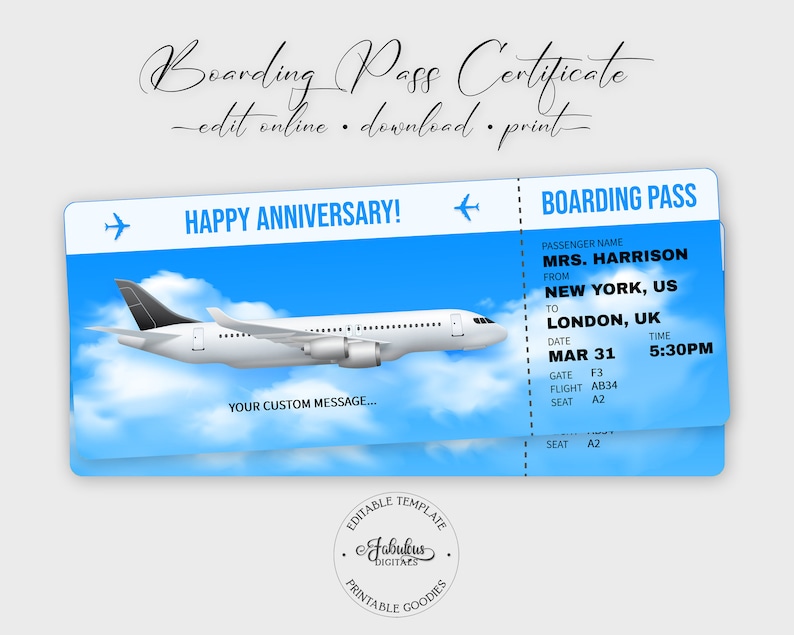 Editable Blue Airplane Ticket Template Surprise Gift Ticket - Etsy