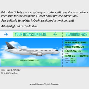 Editable Blue Airplane Ticket Template, Surprise Gift Ticket, Printable ...