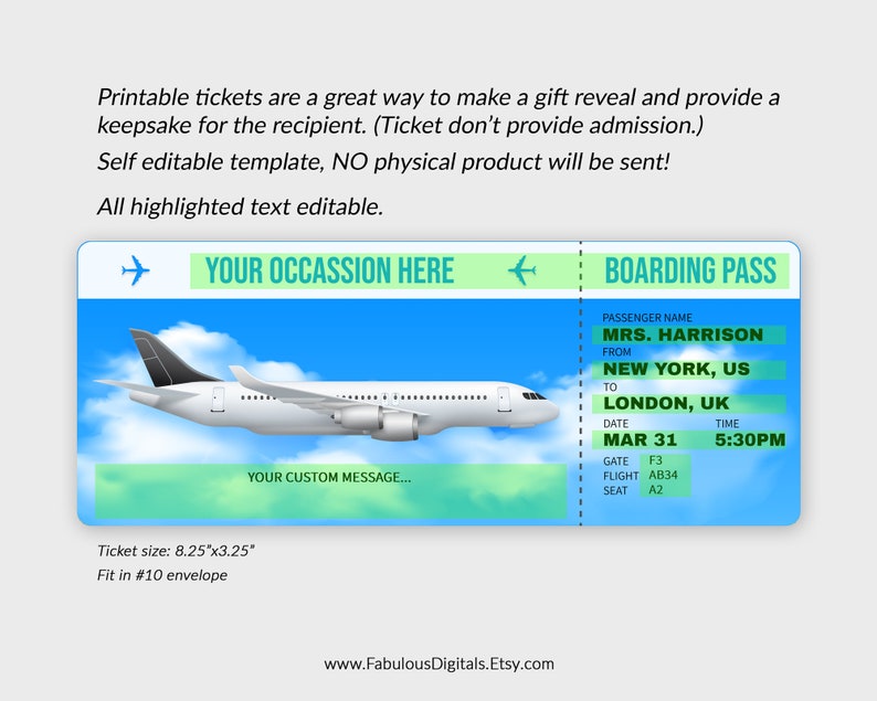 Editable Blue Airplane Ticket Template Surprise Gift Ticket - Etsy