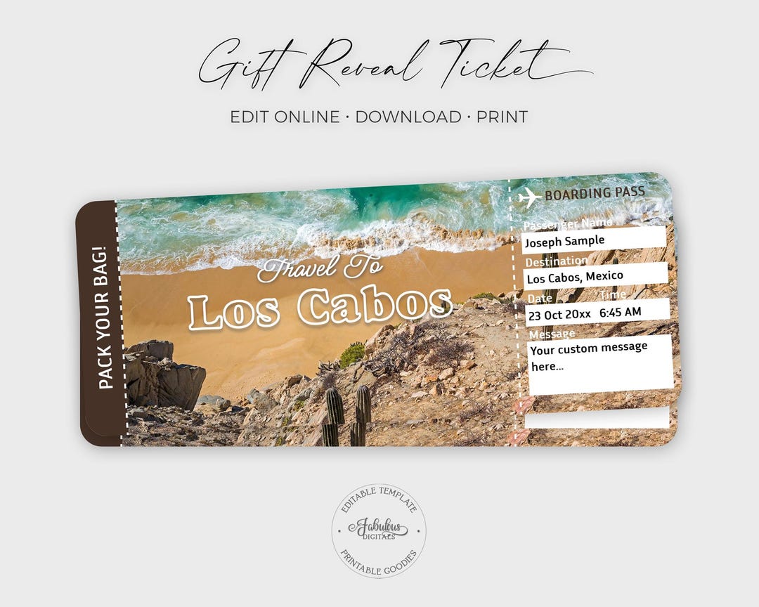 Los Cabos Travel Ticket, Los Cabos Boarding Pass, Custom Airplane ...