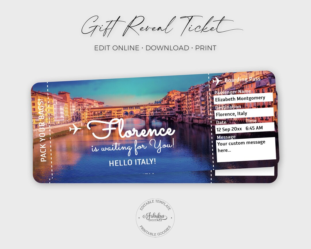 Florence Travel Ticket, Italy Gift Ticket, Custom Airplane Ticket ...