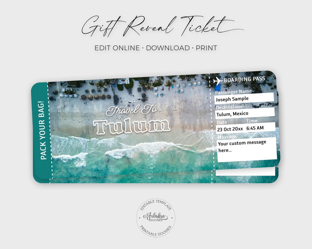 Tulum Travel Ticket, Tulum Boarding Pass, Custom Airplane Ticket, Tulum ...