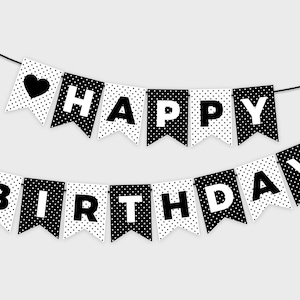 Black-white Happy Birthday Printable Banner - Polka Dots Patterned ...