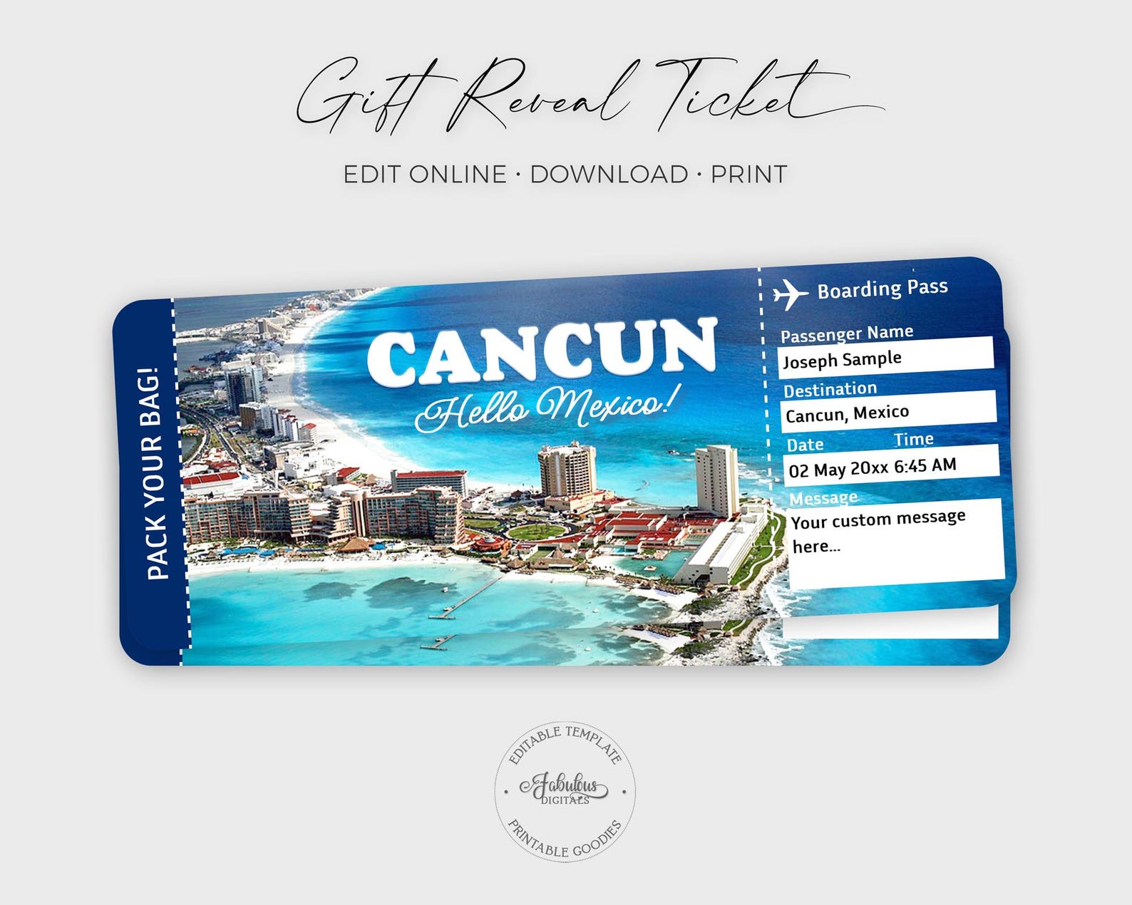 Cancun Travel Ticket, Cancun Boarding Pass, Custom Airplane Ticket ...