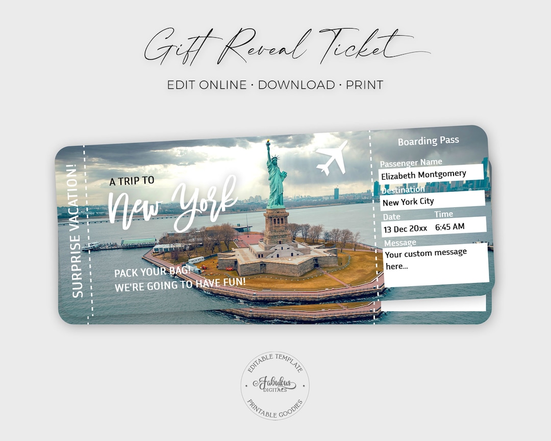 New York Travel Ticket, New York Gift Ticket, Statue of Liberty, Custom ...