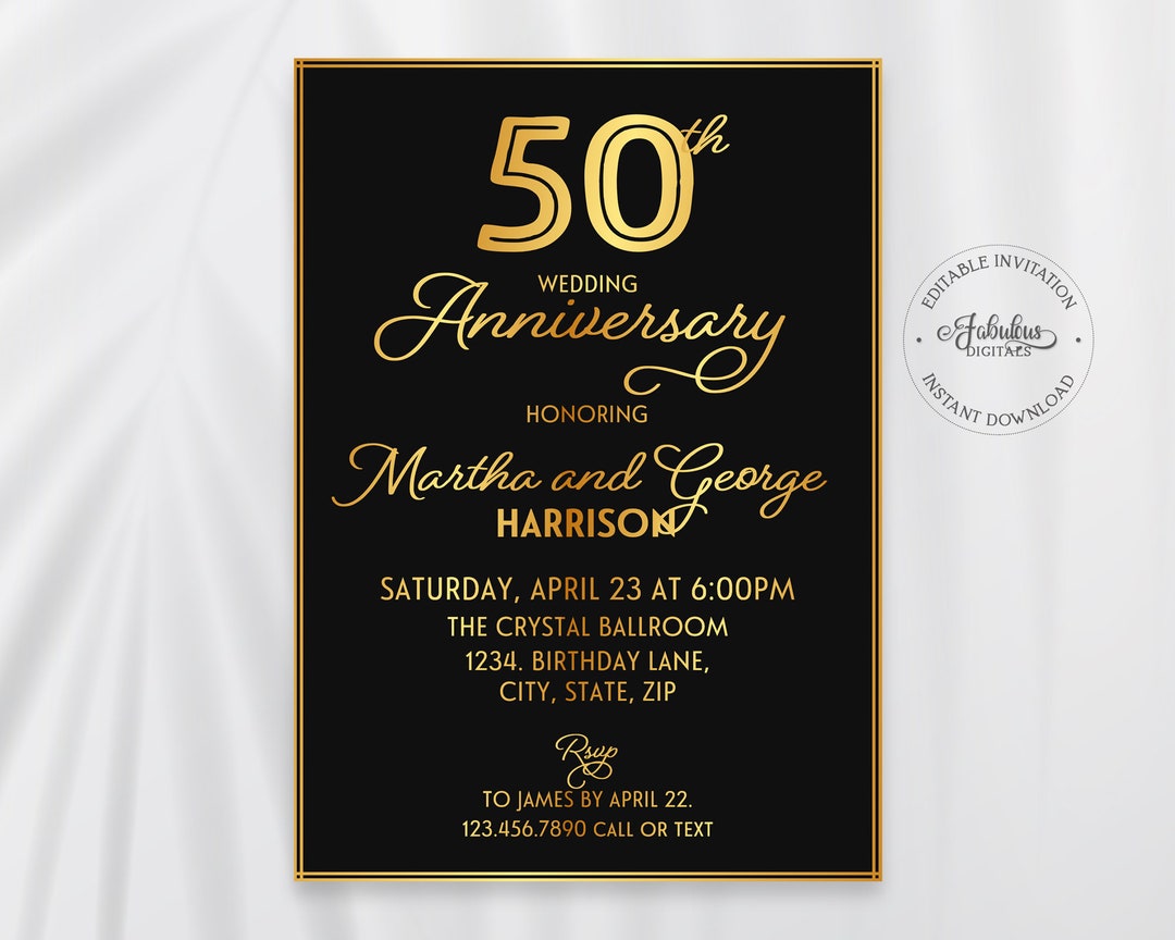 Printable 50th Anniversary Invitation Black & Gold Editable Template ...
