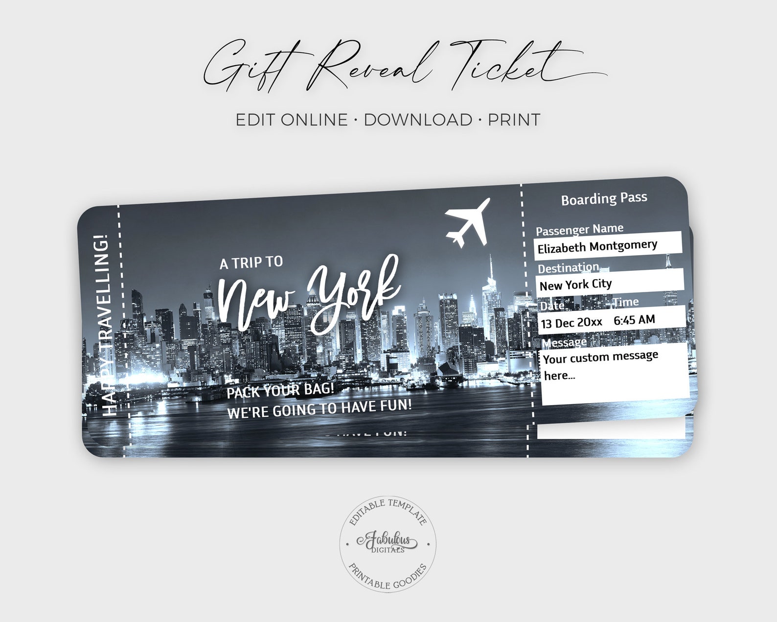 New York Travel Ticket, New York Boarding Pass, Surprise Gift ...