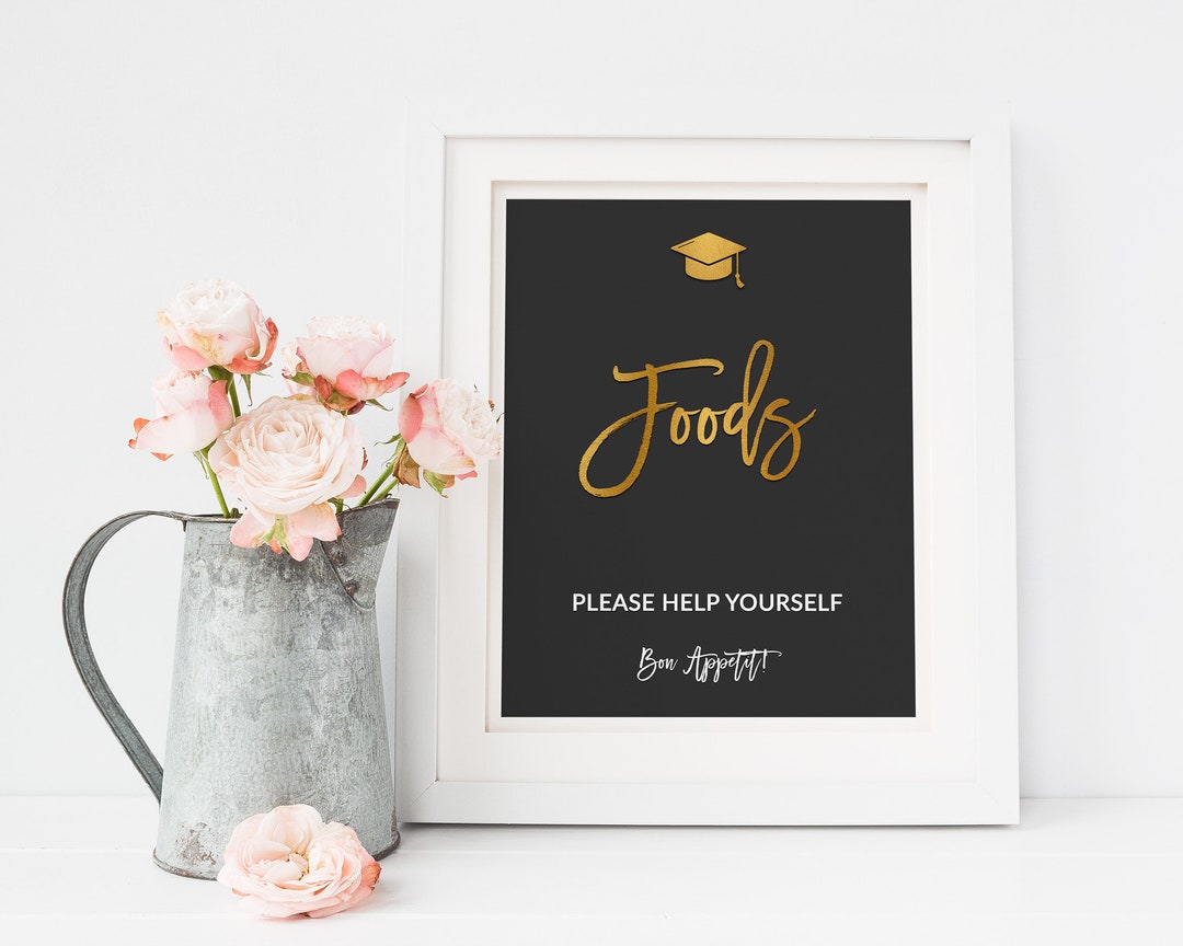 Graduation Foods Sign, Black & Gold Foil - Printable Party Decoration ...