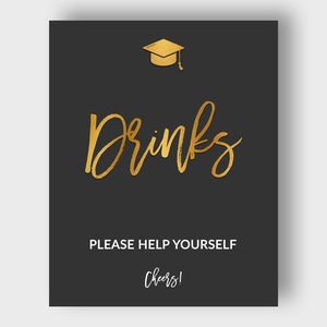 Graduation Drinks Sign, Black & Gold Foil - Printable Party Decoration ...