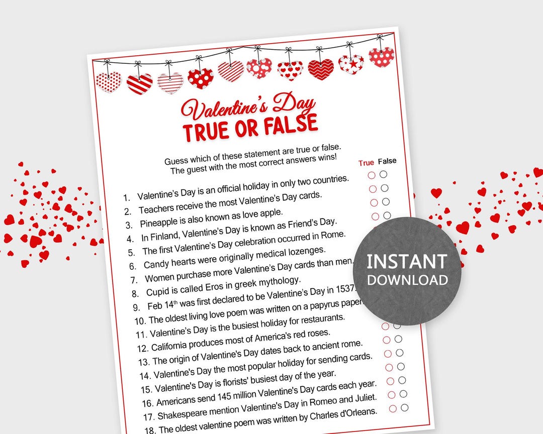 Valentine's Day True or False Game, Valentine's Day Trivia Game ...