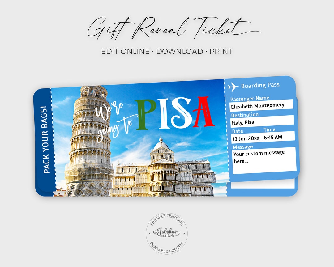 Pisa Travel Ticket, Italy Gift Ticket, Custom Airplane Ticket, Pisa ...