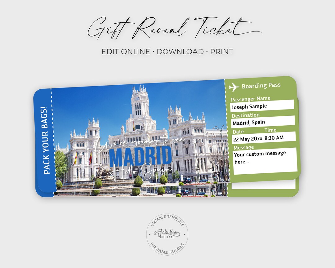 Madrid Travel Ticket, Madrid Boarding Pass, Custom Airplane Ticket ...