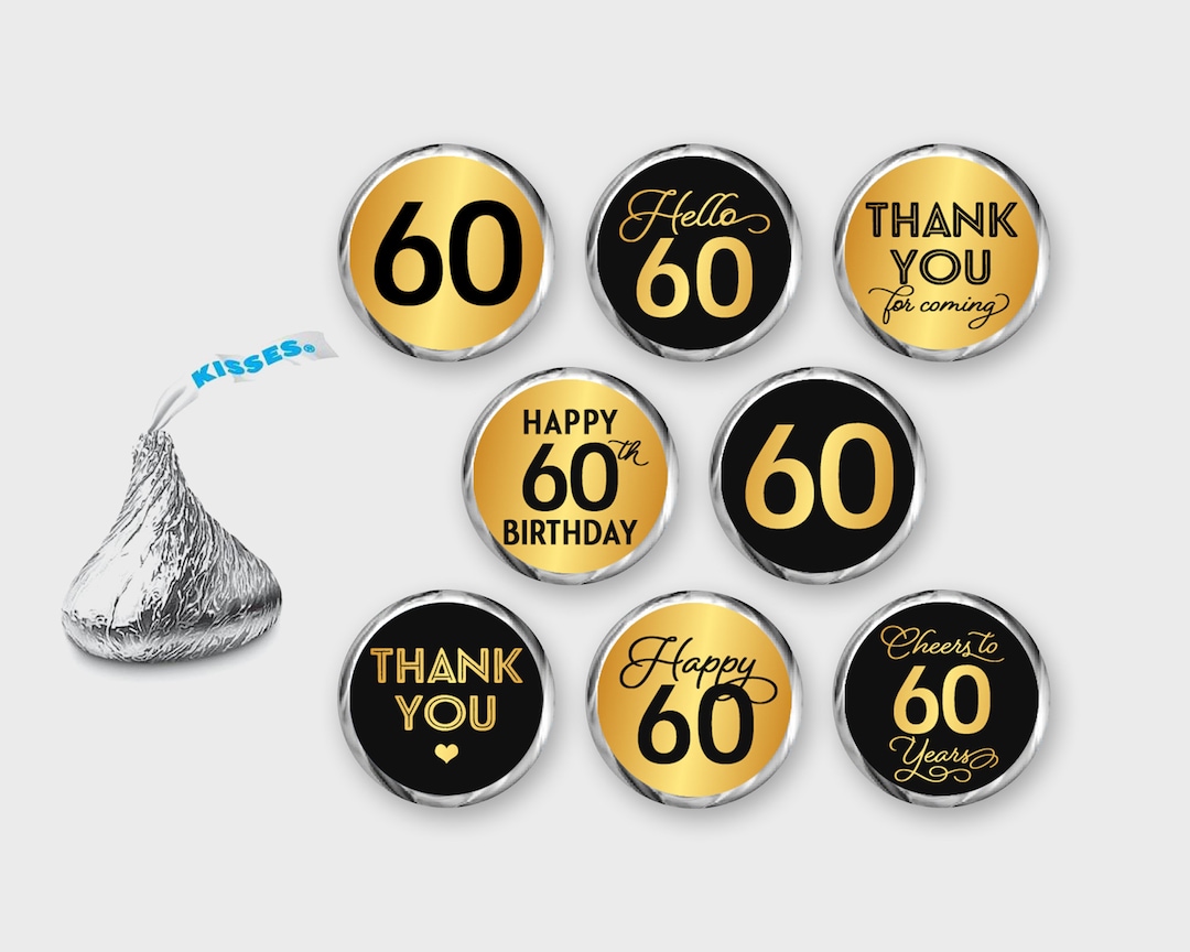 60th Birthday Hershey Kisses Labels, Black & Gold / Kisses Sticker ...