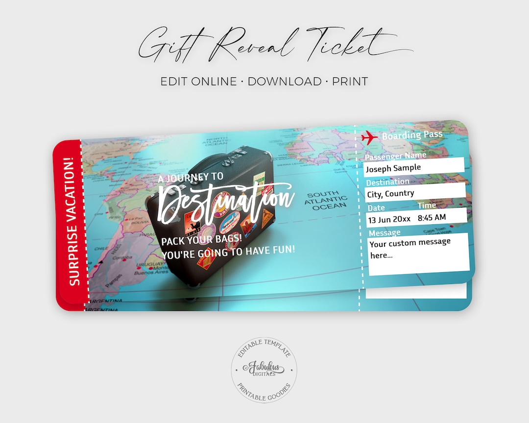 Surprise Travel Ticket, Surprise Vacation, Custom Airplane Ticket ...