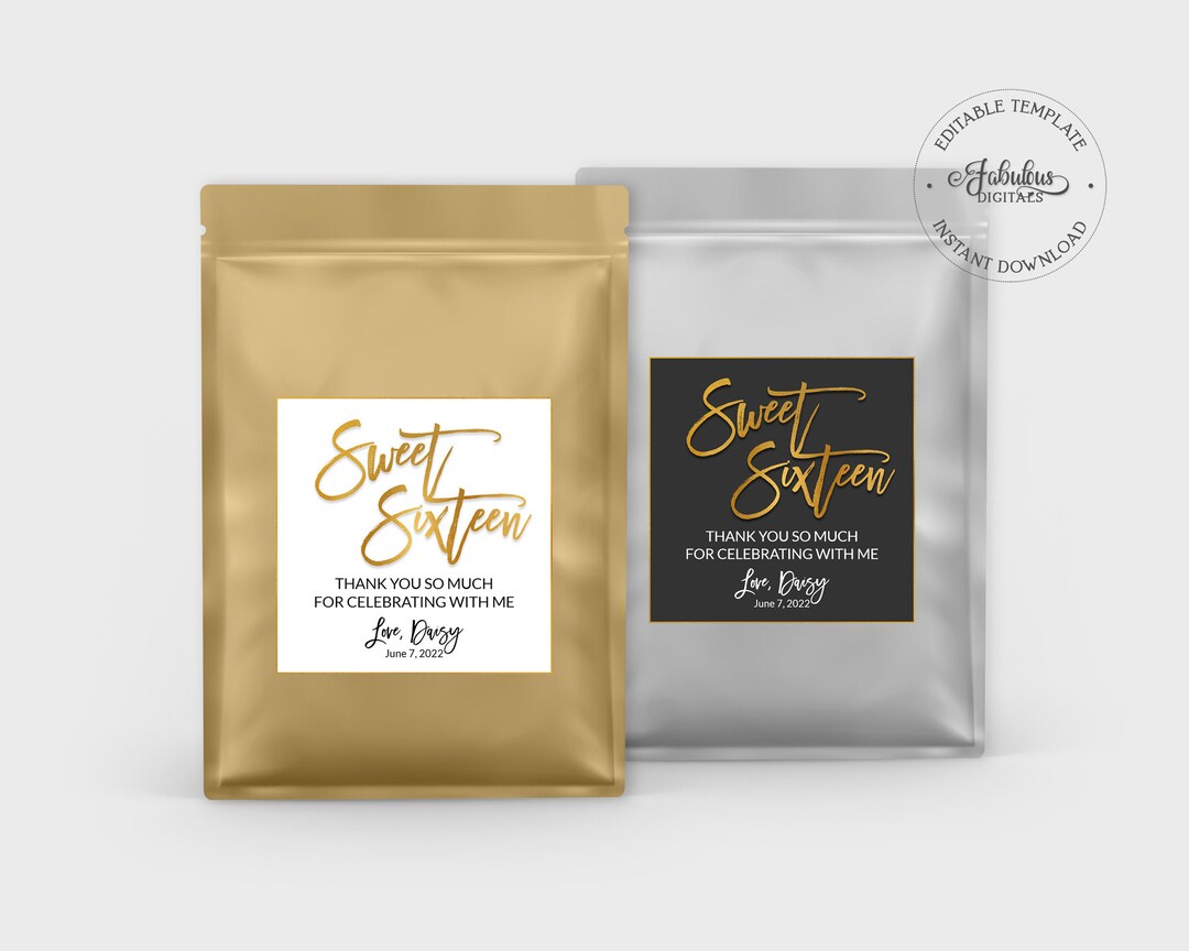 Sweet Sixteen Stickers, Sweet 16 Square Favor Labels - Black-white ...